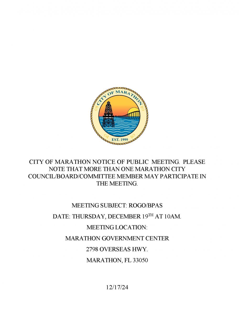 Public Meeting Notice on December 19, 2024 | Marathon, Florida