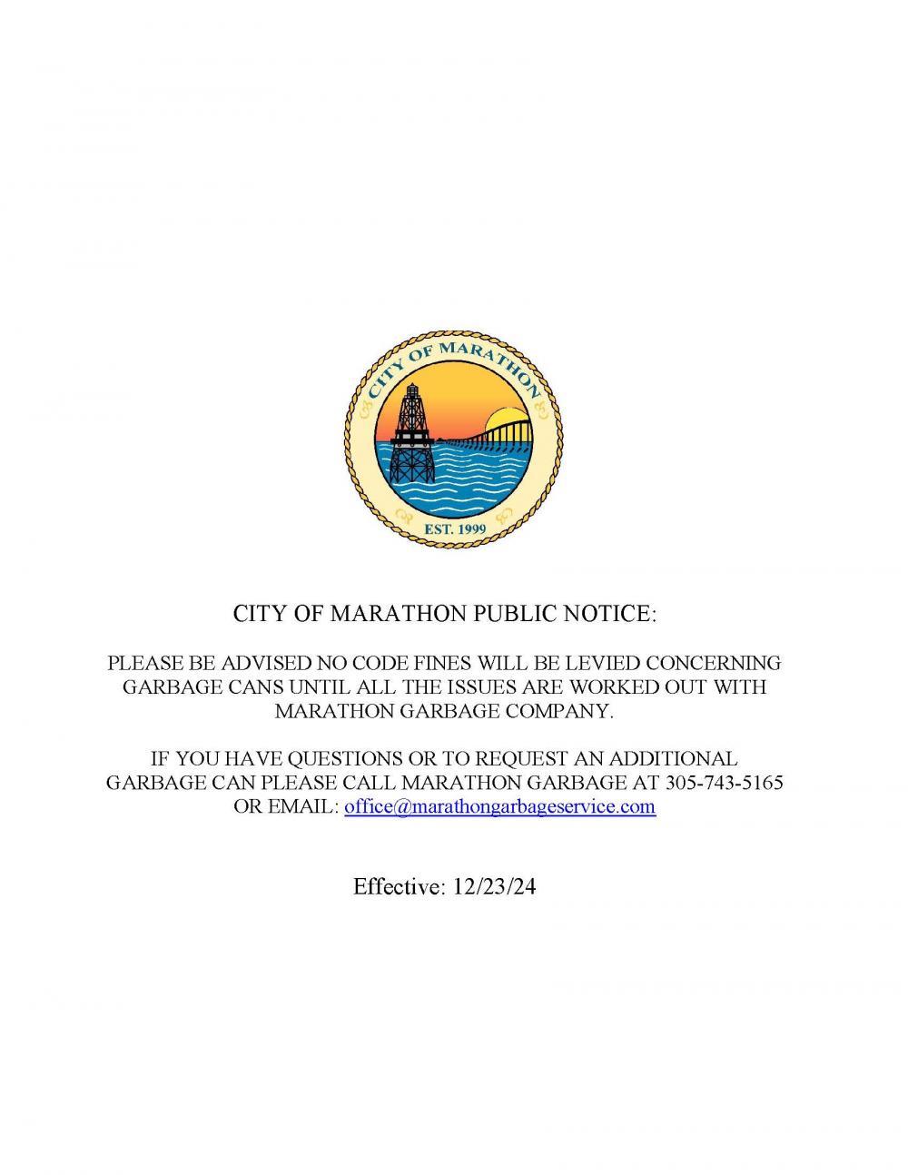 Residental Garbage Can Notice | Marathon, Florida