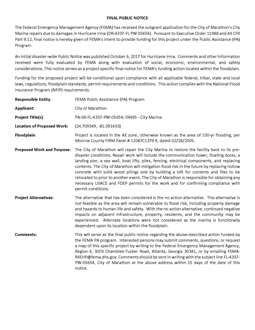 Final Public Notice for City Marina IRMA Repairs | Marathon, Florida