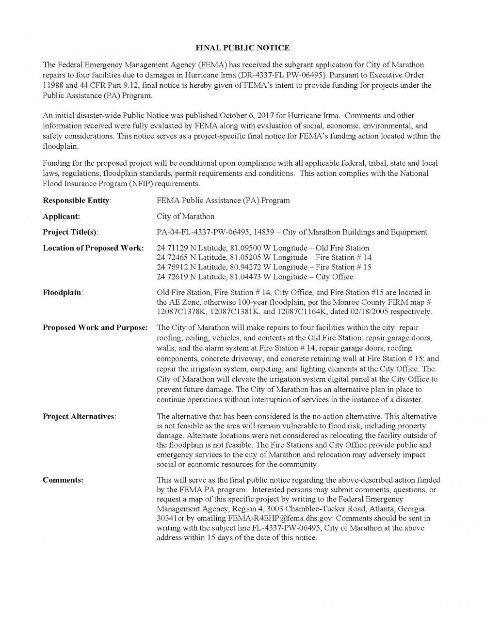 Final Public Notice for repairs to four facilities due to damages in ...