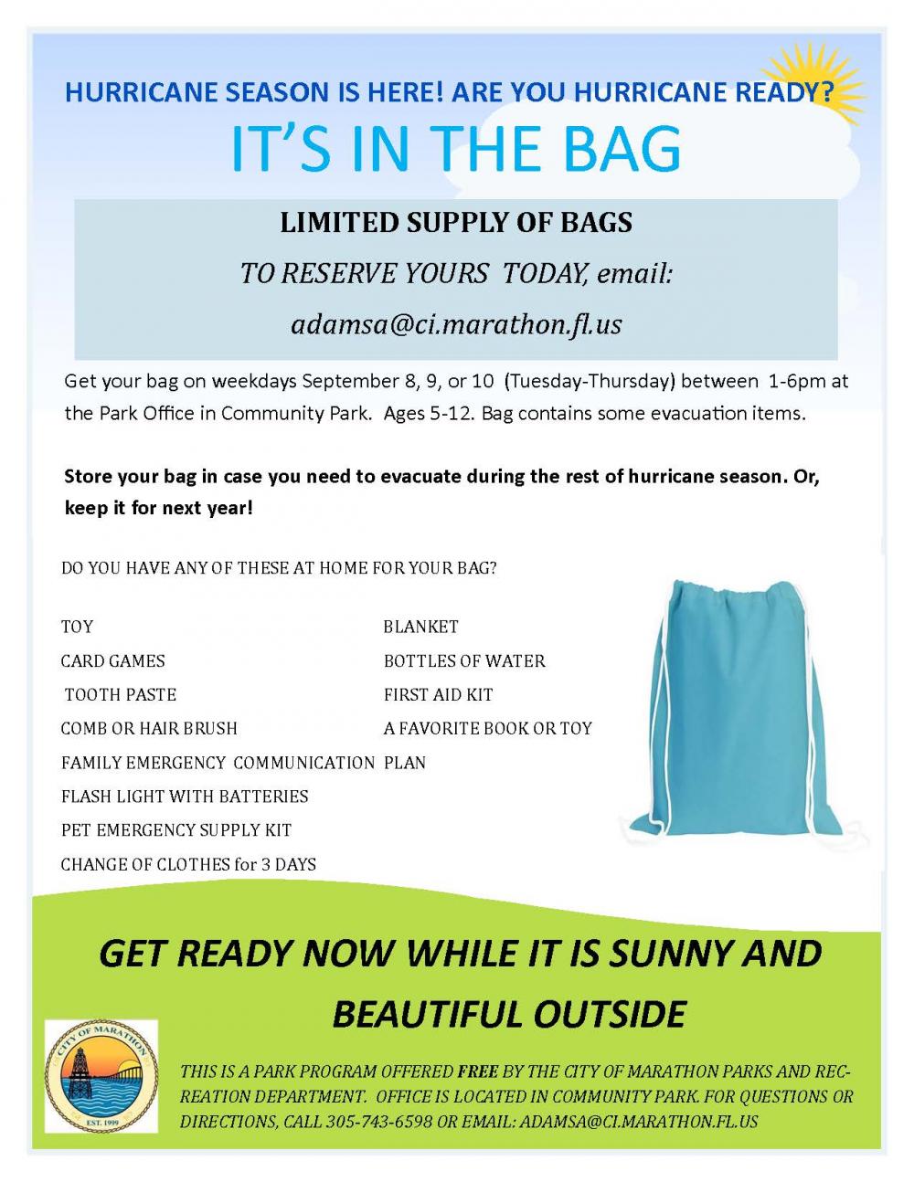 FREE Hurricane Preparedness Bags Ages 5-12 | Marathon, Florida
