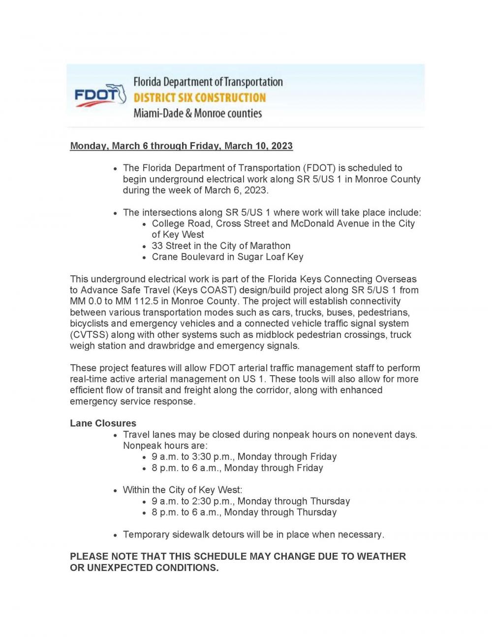 FDOT Lane Closure Notice | Marathon, Florida